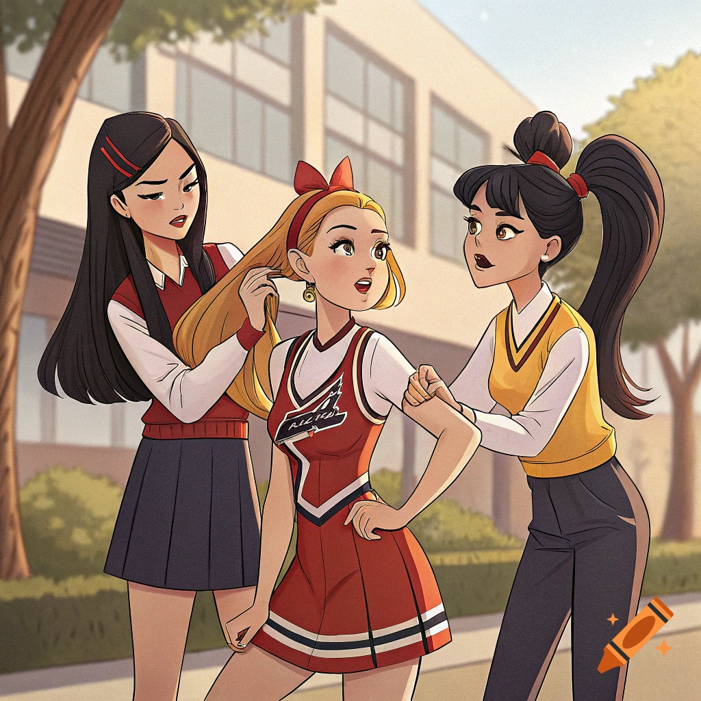 Three girls, one in a cheerleader costume, in an Archie Comics style on ...