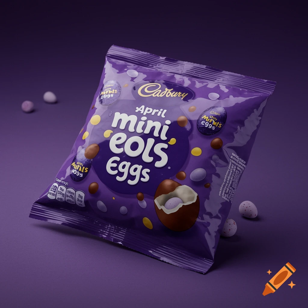 Purple Cadbury Mini Eggs bag with 'April Fools' text on Craiyon