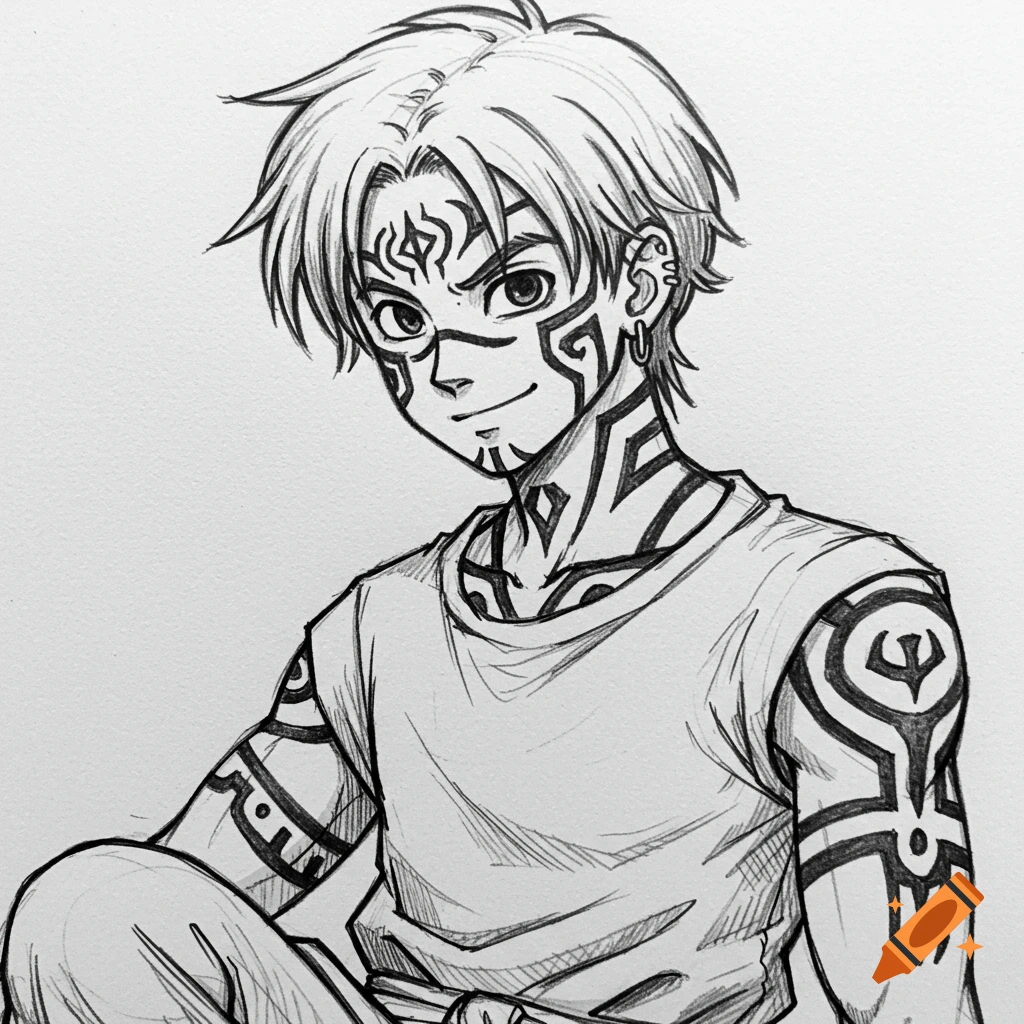Black and white sketch of a young man in anime style with tribal facial ...