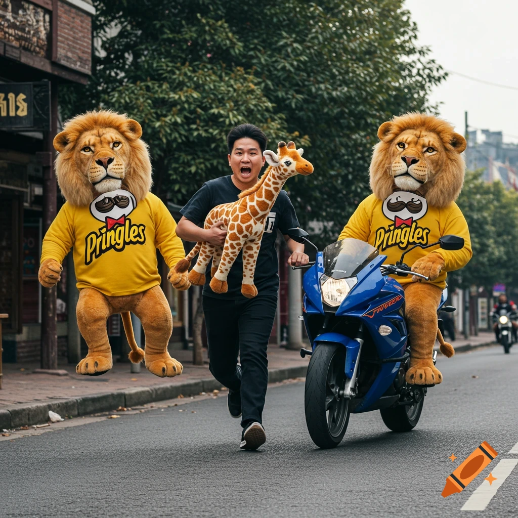 Man running with giraffe plush, lions on motorcycle with Pringles logos ...