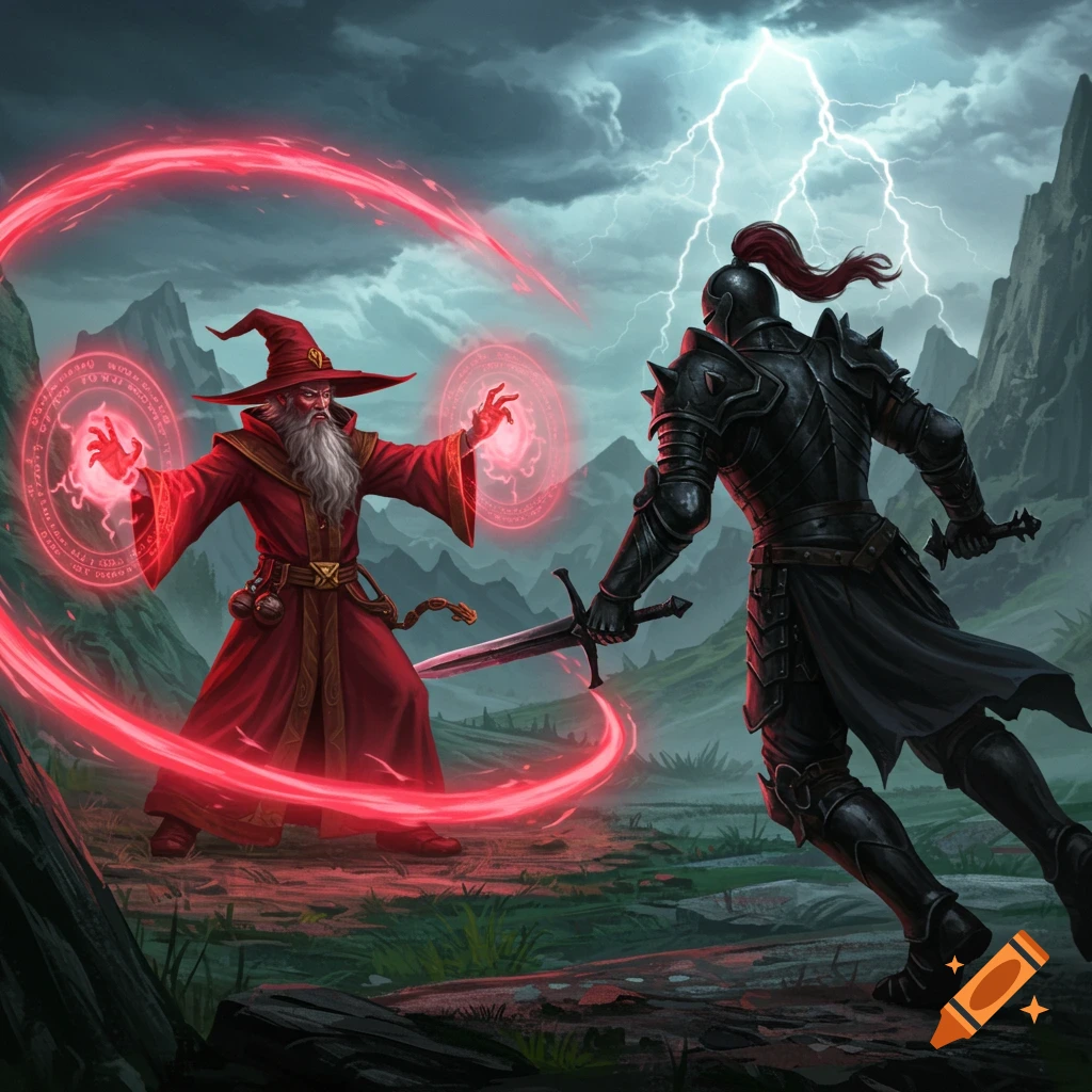 Red wizard fighting a Black Knight on Craiyon