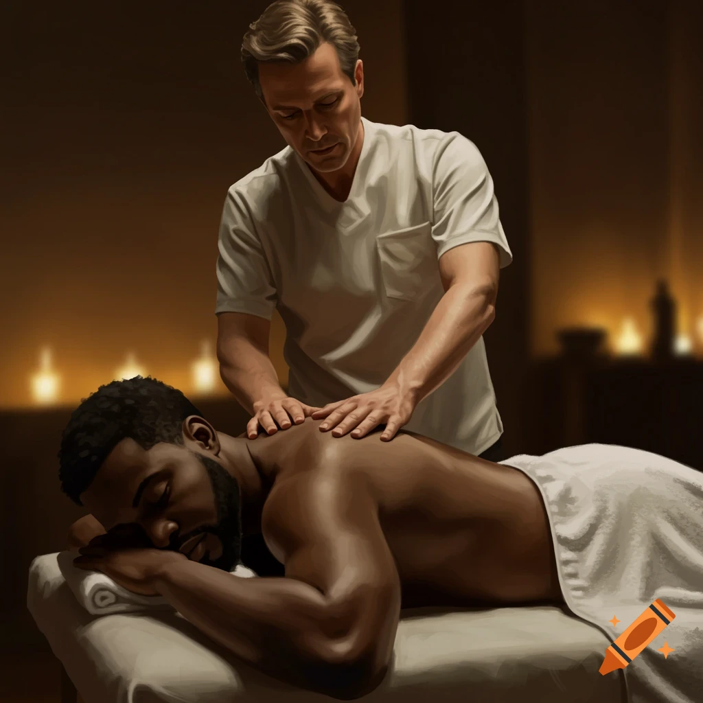A Black man receives a back massage from a white therapist in a dimly lit spa on Craiyon
