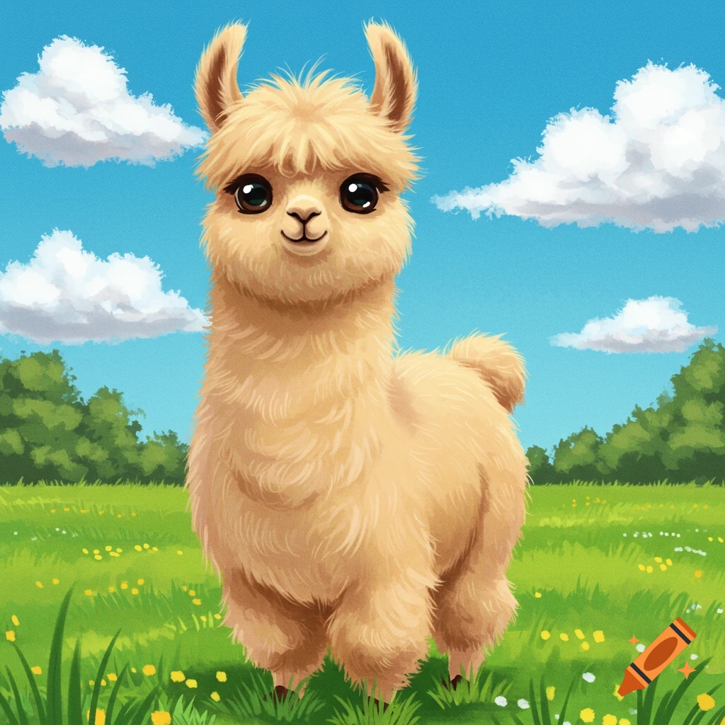 A cute fluffy llama stands in a grassy field with flowers under a blue ...