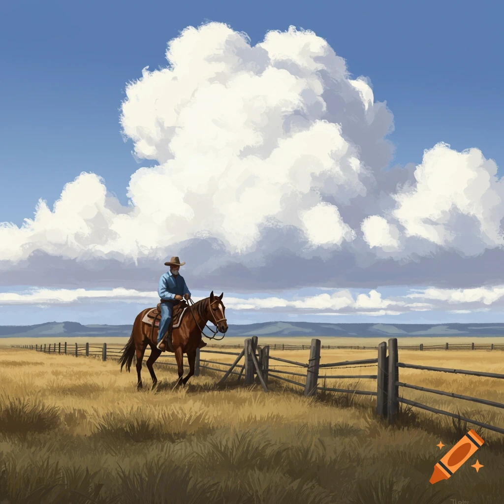 Cattleman riding across the range mending fences. on Craiyon