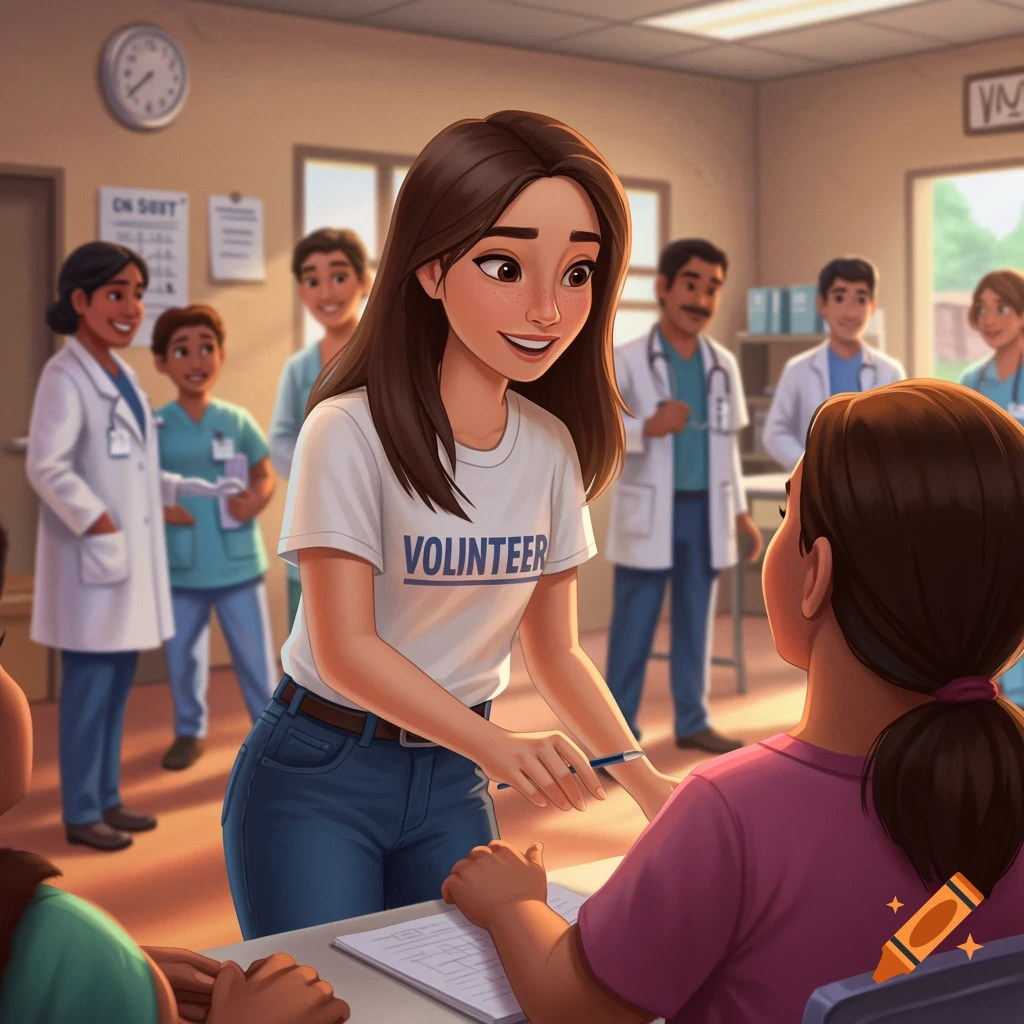 An illustration of a young woman volunteering at a community clinic, helping a patient. Other ...