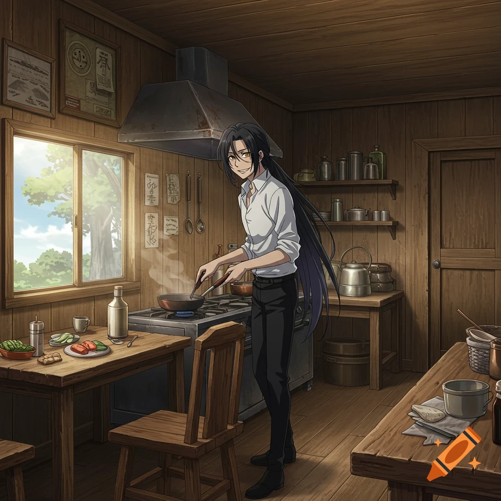 Anime man with long black hair cooking in a rustic wooden kitchen. on ...