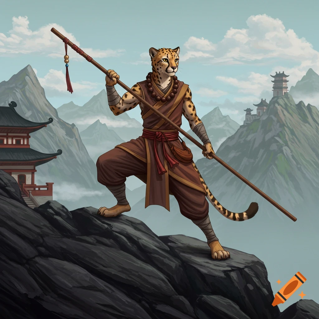 An anthropomorphic cheetah monk with a staff stands on a rocky mountain ...