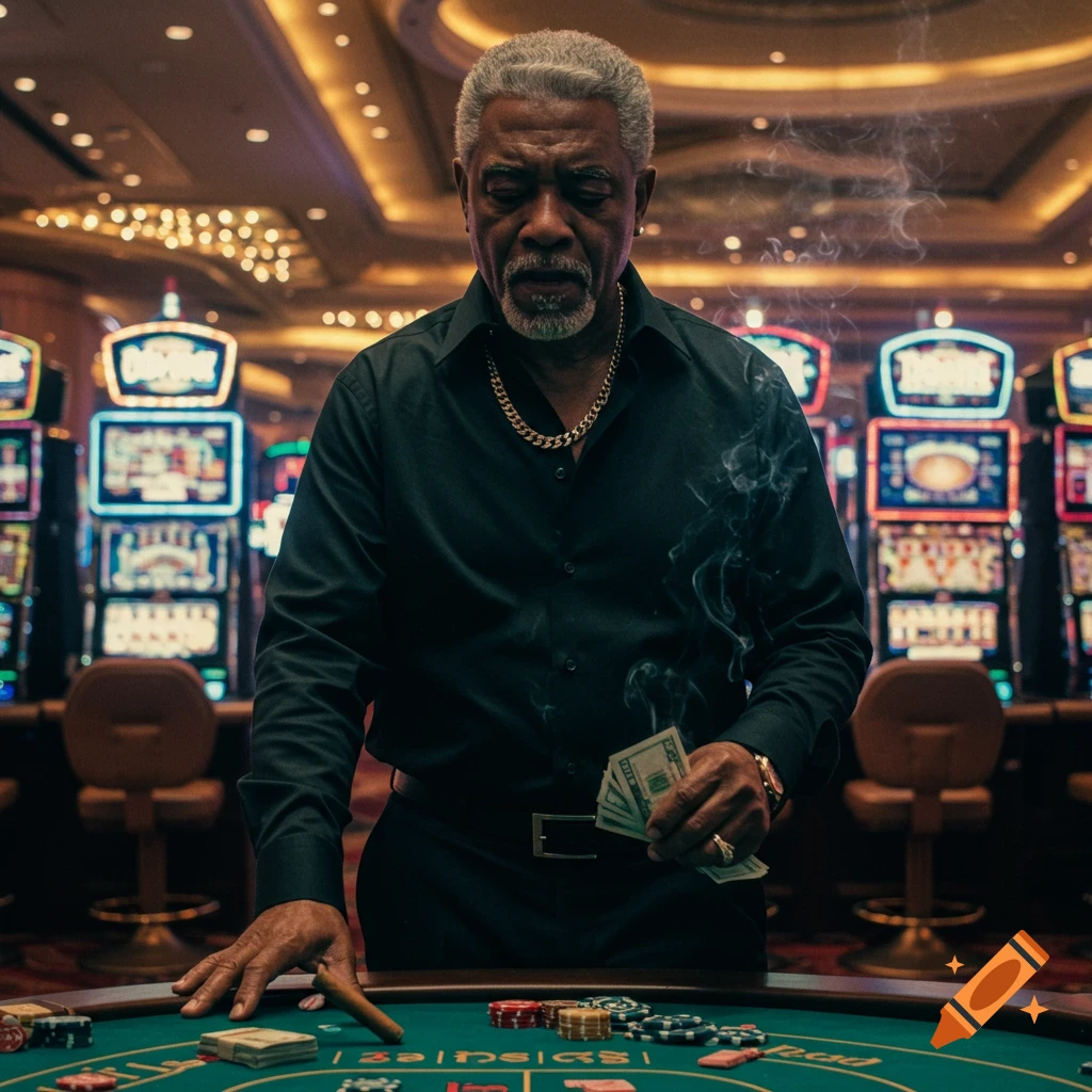 Old man in Las Vegas casino with gold chains, cigar, and money on Craiyon