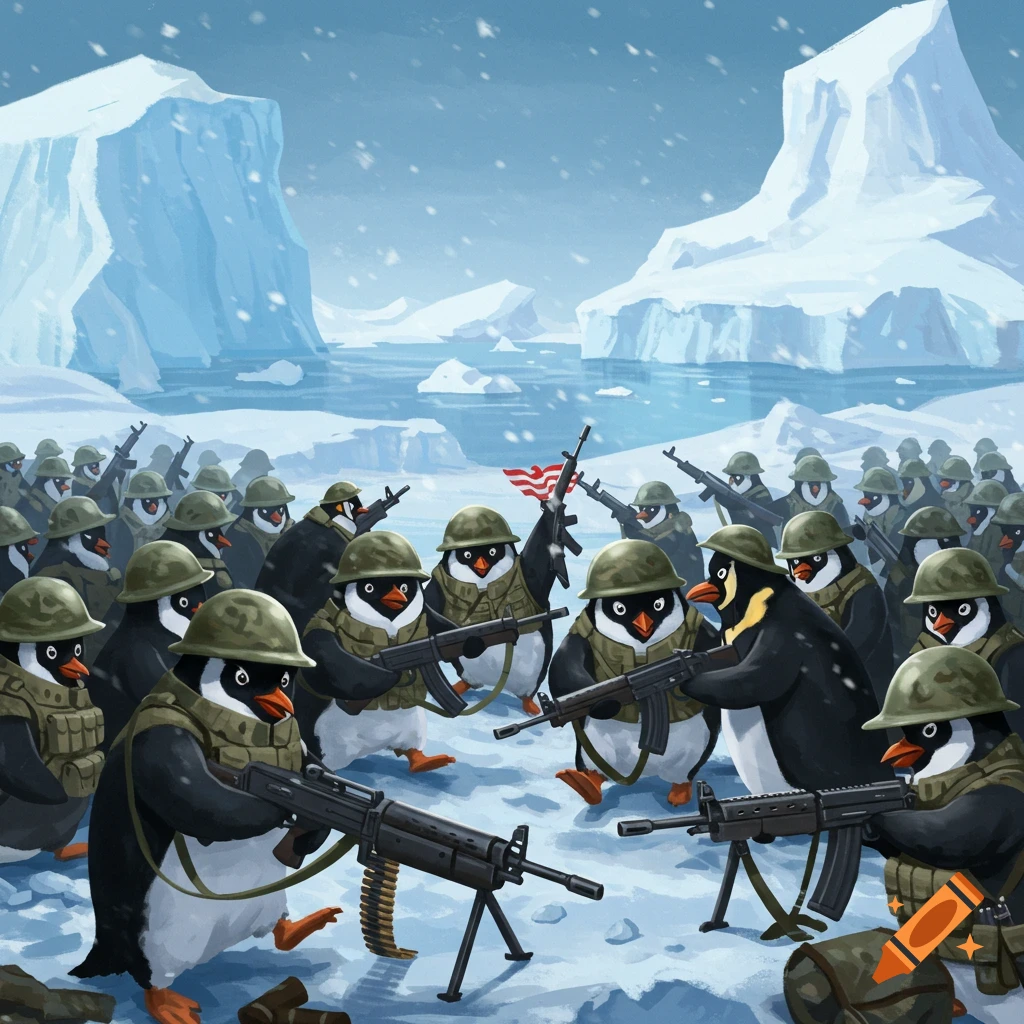 Mob of machine gun wielding army penguins in Antarctica angry about ...