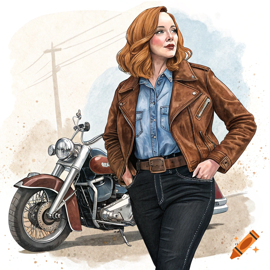Christina Hendricks in leather jacket standing near motorcycle on Craiyon