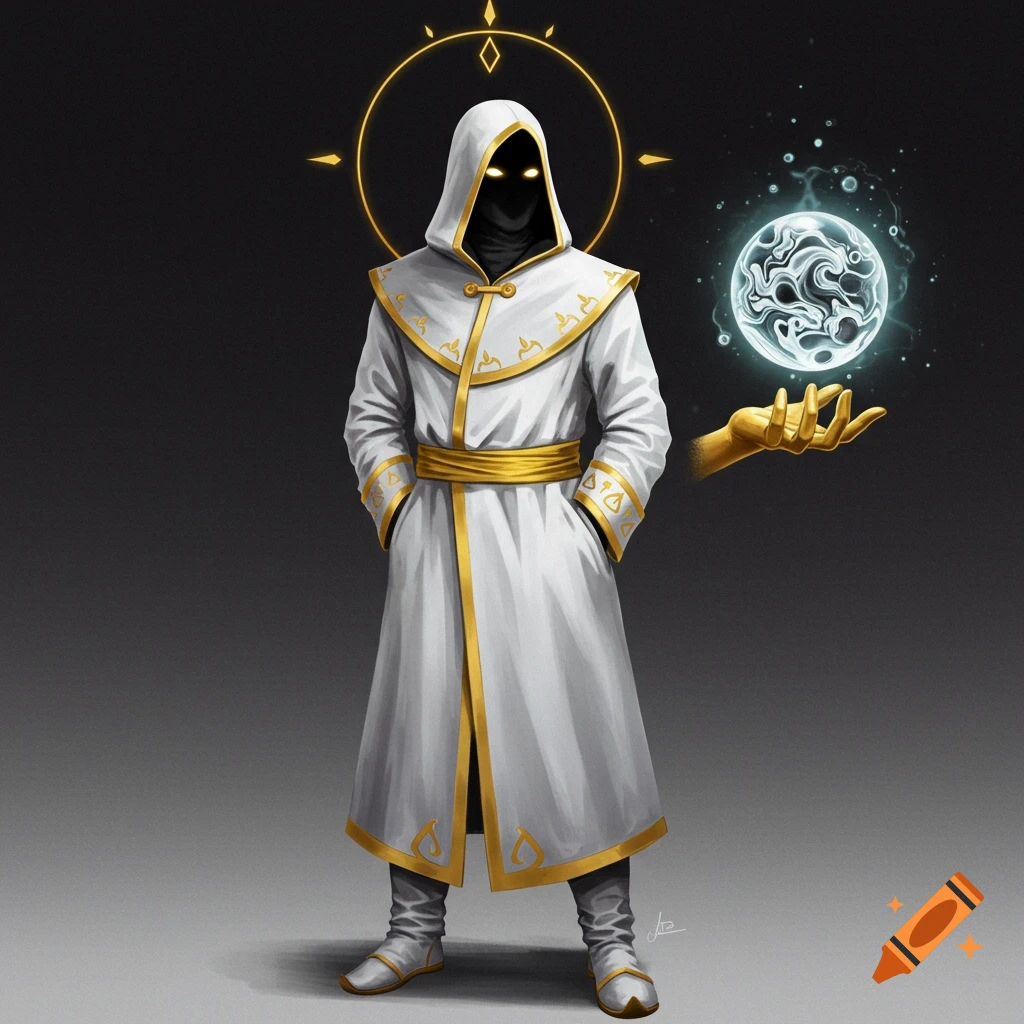 Warlock in white and gold with floating golden hand holding a crystal ...