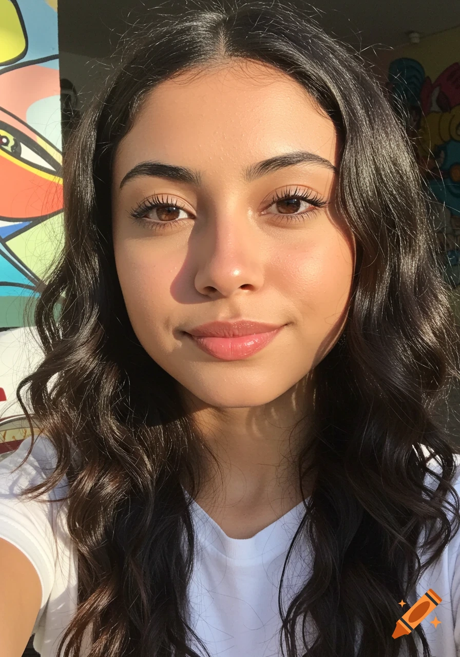 Close-up selfie of a woman smiling in sunlight with a colorful mural ...