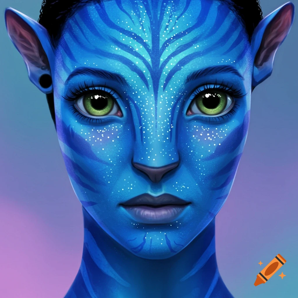 Close-up portrait of a blue-skinned face with stripes, spots, and green ...