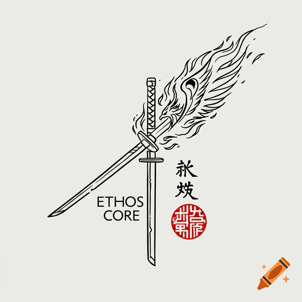 Minimalist black-and-white Ethos Core logo featuring samurai sword and ...