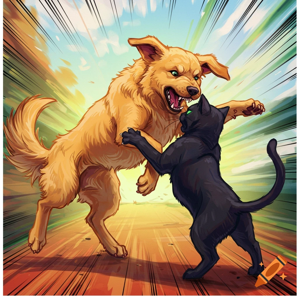 Digital illustration of a golden dog and black cat fighting. on Craiyon