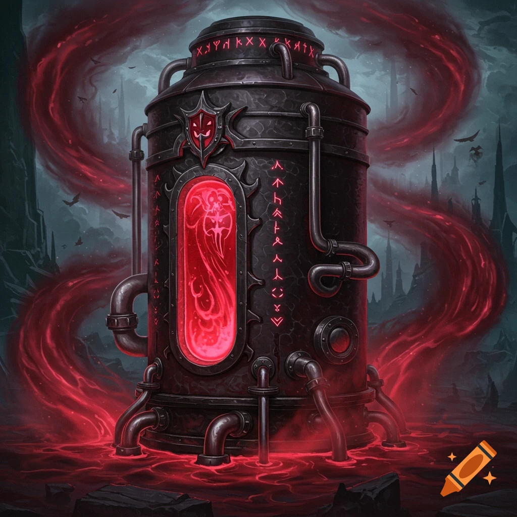 A dark, gothic fantasy fuel tank overflowing with glowing red energy in ...