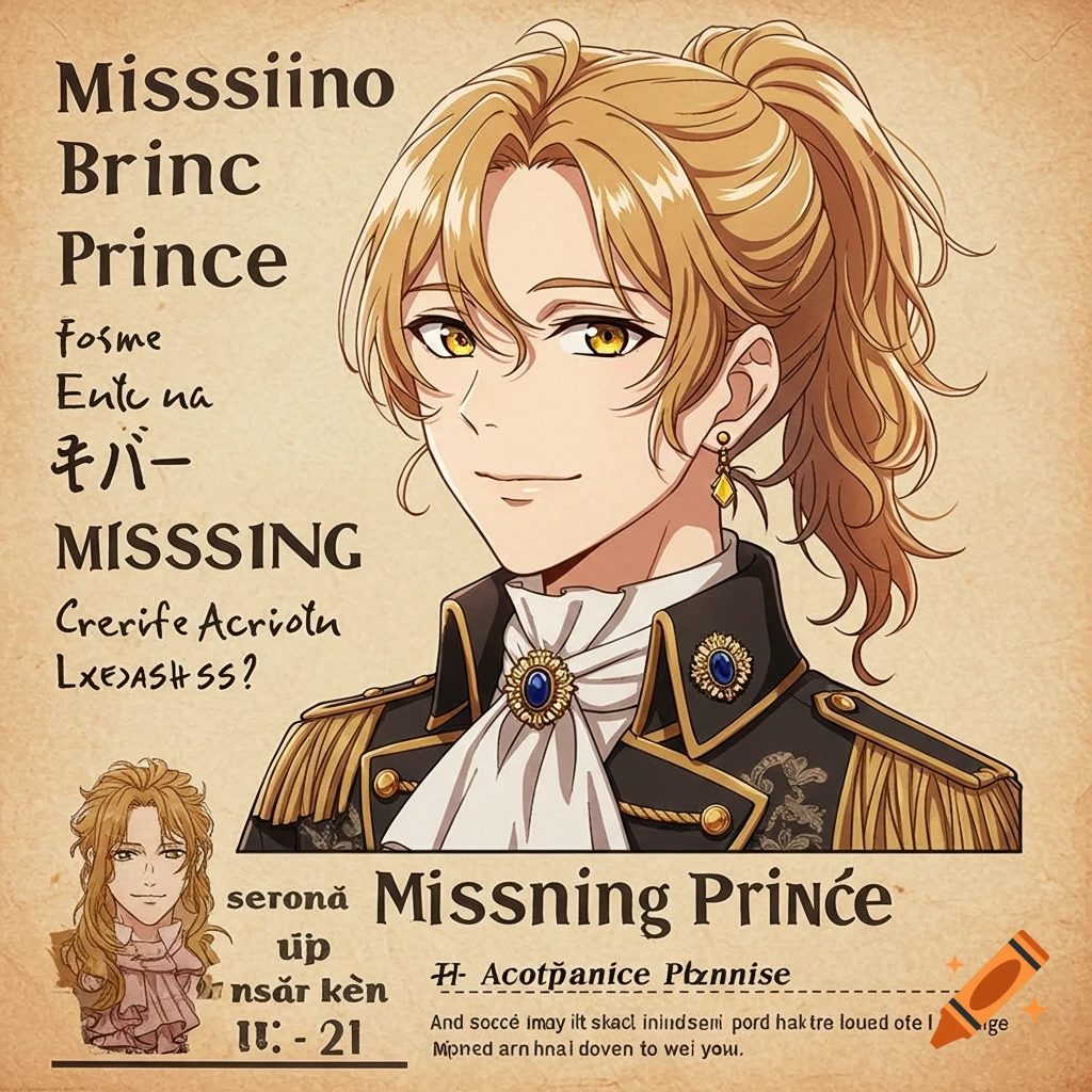 Anime-style poster of a missing prince with elegant noble attire and ...