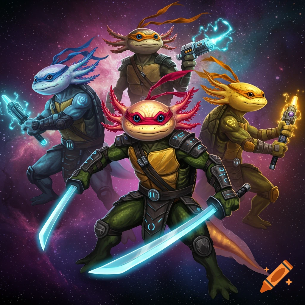 Alien axolotl warriors as teenage mutant ninja turtles on Craiyon