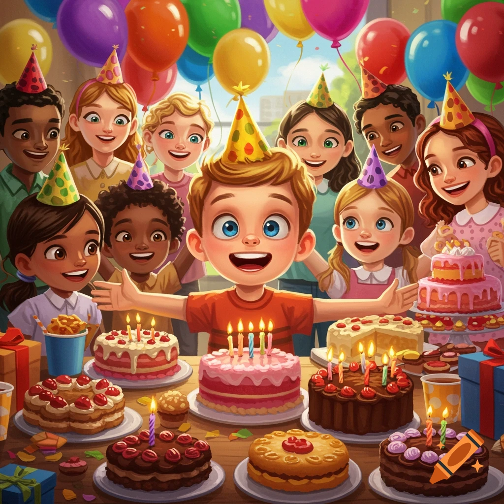 Happy children celebrate a birthday party with cakes and balloons. on ...