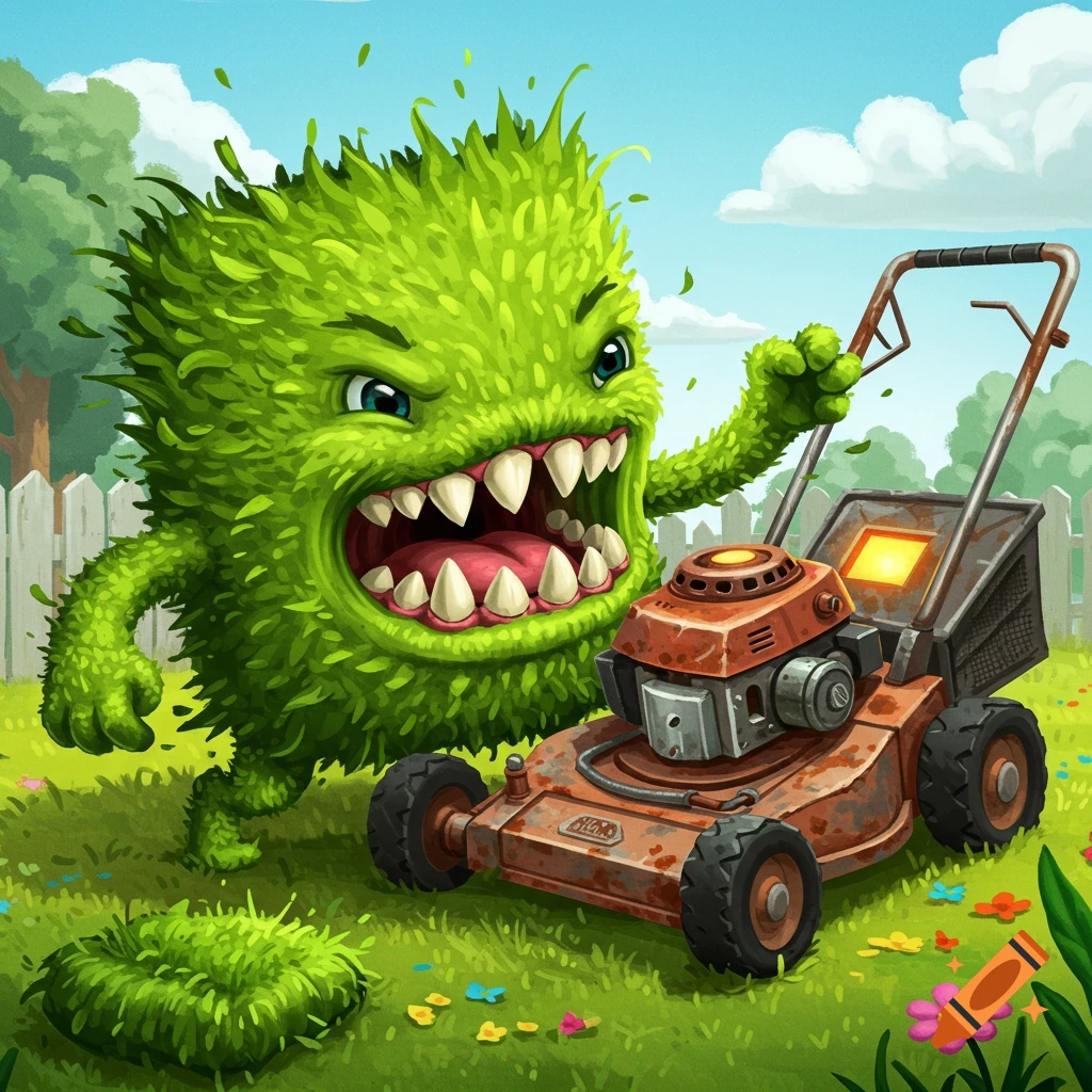 Grass consuming an atomic lawn mower on Craiyon