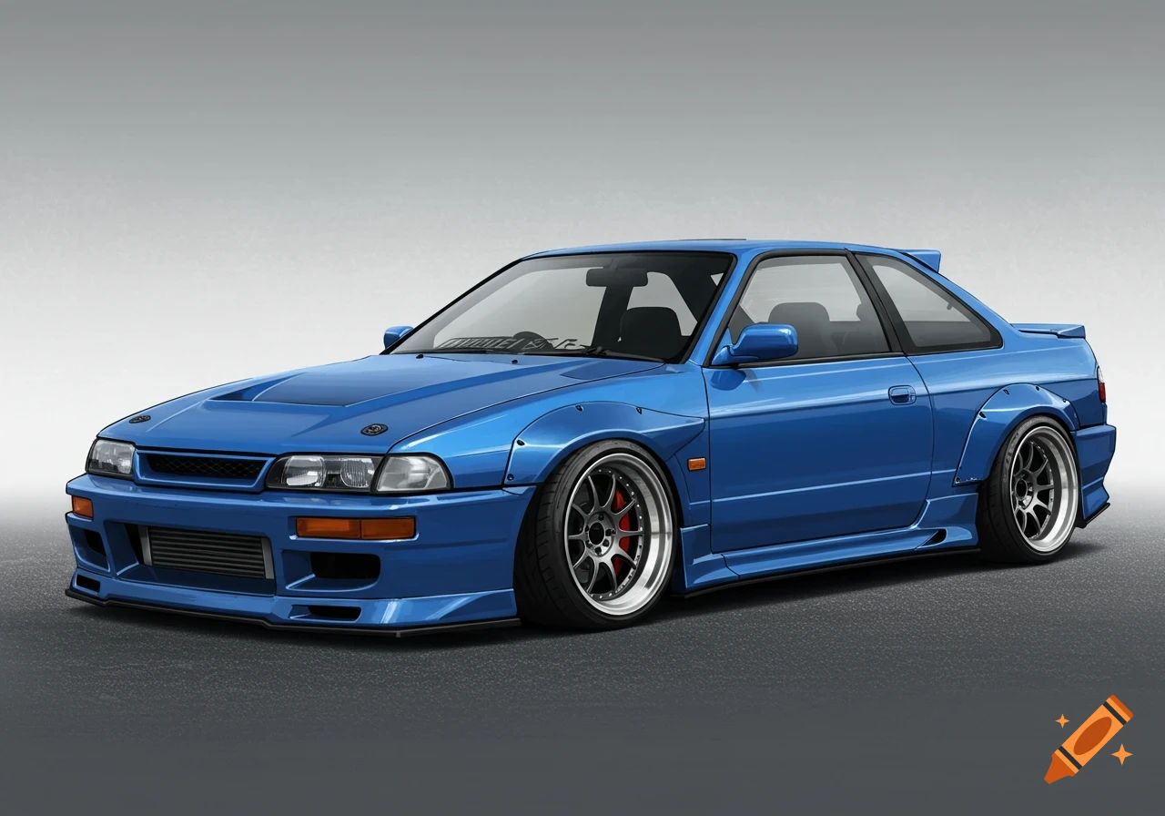 Blue modified coupe car with wide fenders and aftermarket wheels on Craiyon