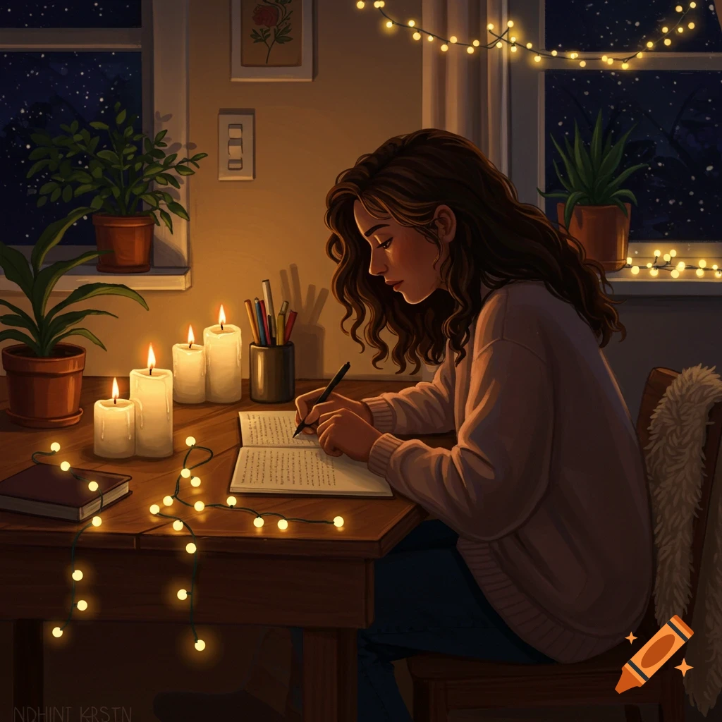 Night journaling scene with candles and fairy lights on Craiyon