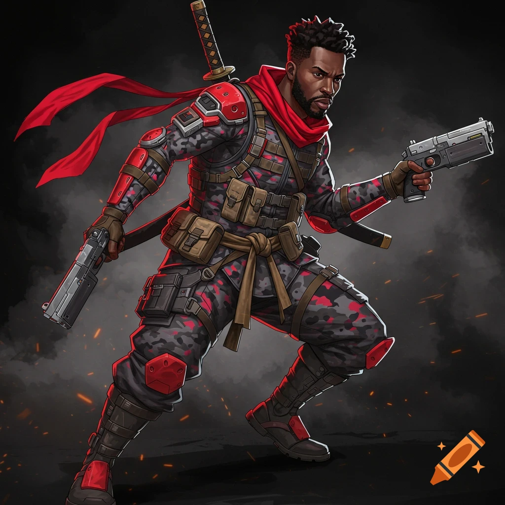 African American soldier ninja samurai hybrid with red, black, and gray ...