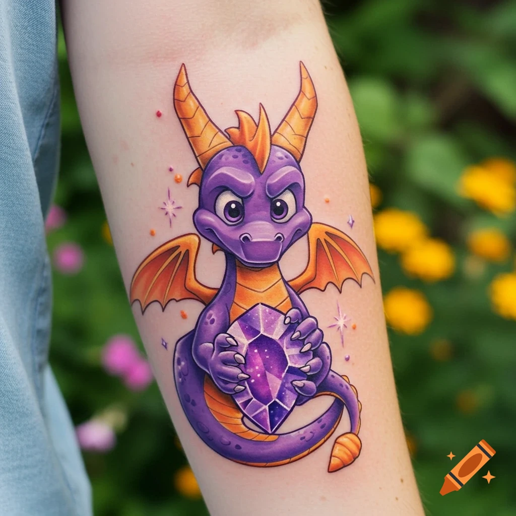 Spyro the Dragon tattoo on a woman's arm on Craiyon