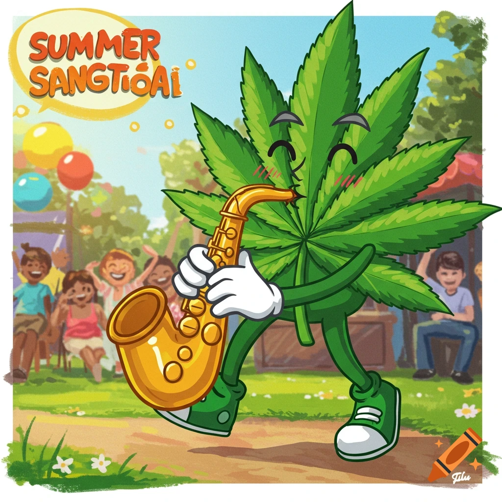 A cartoon marijuana leaf character plays a saxophone outdoors at a ...