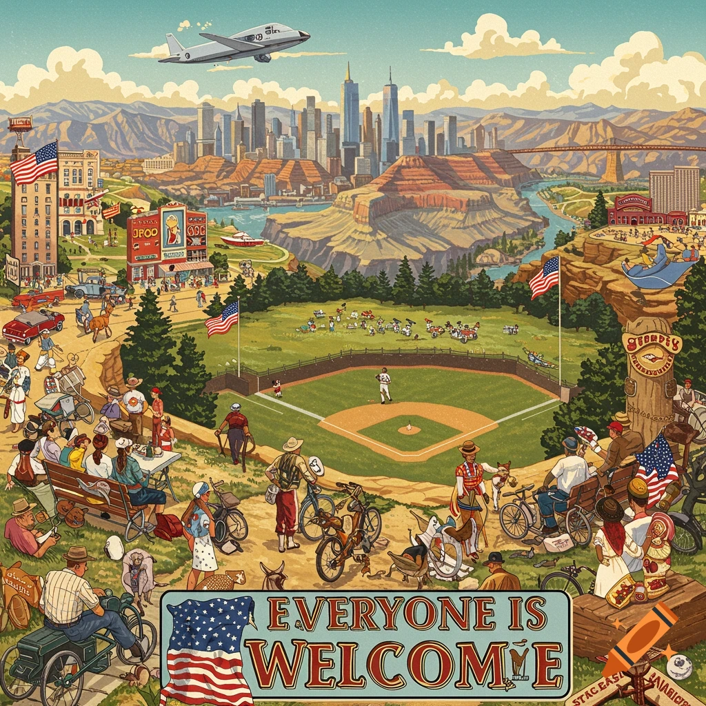 Busy illustration collage featuring people, cars, events, and symbols ...