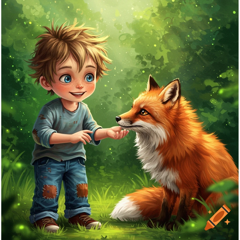 Cute fox with roses and boy smelling a rose on Craiyon