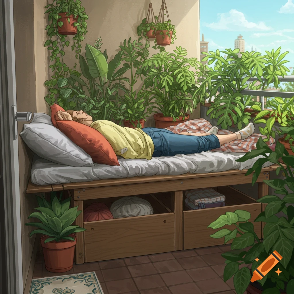 DIY bed with storage on a balcony on Craiyon