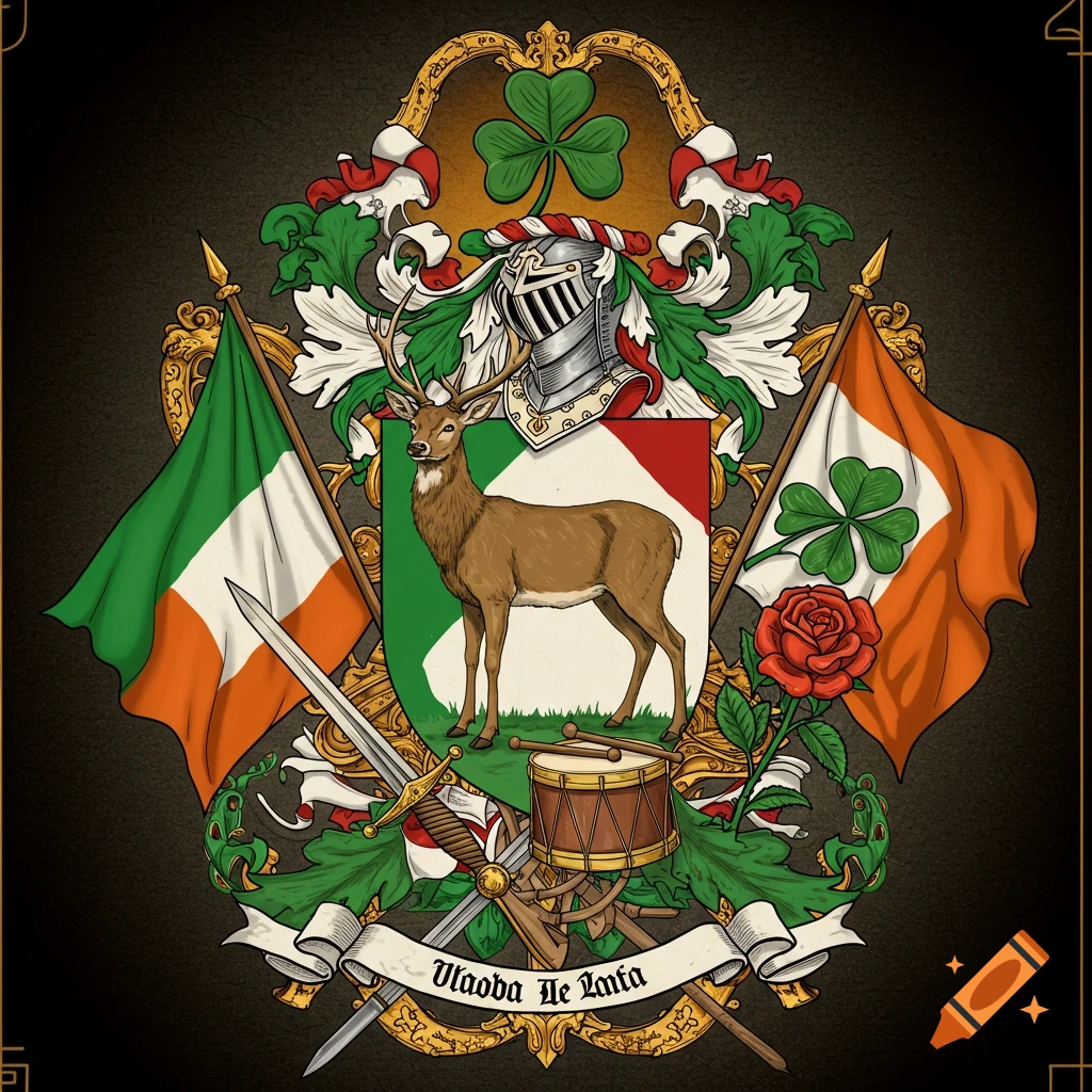 A family crest featuring a deer, shamrock, rose, swords, drum, and ...