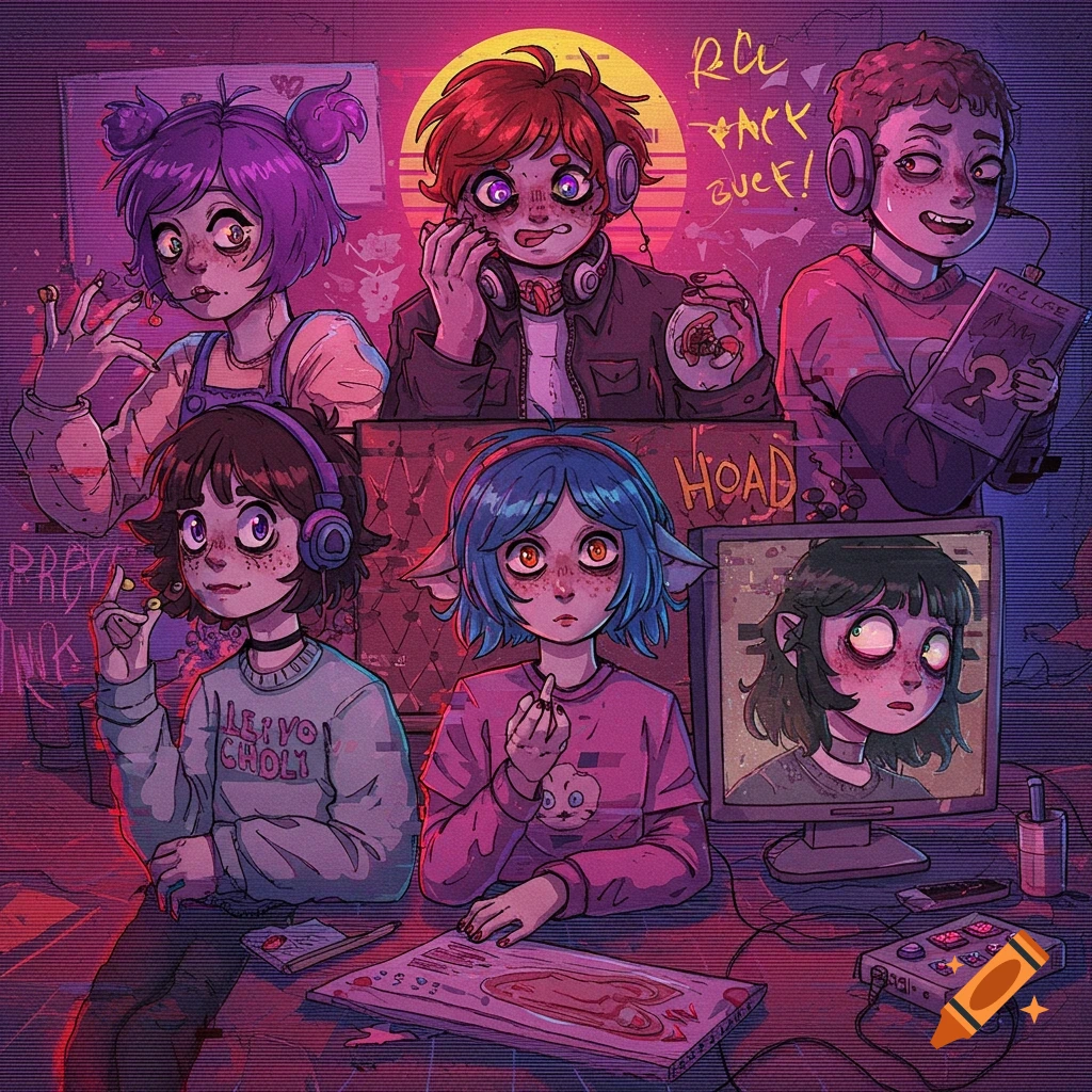 Emo girl with long hair reference sheet on Craiyon