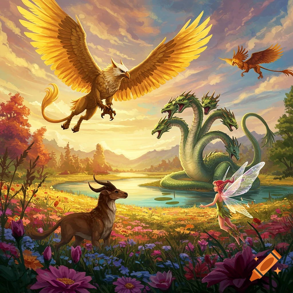 A scene of mythical creatures including a griffin, a hydra, a fairy ...