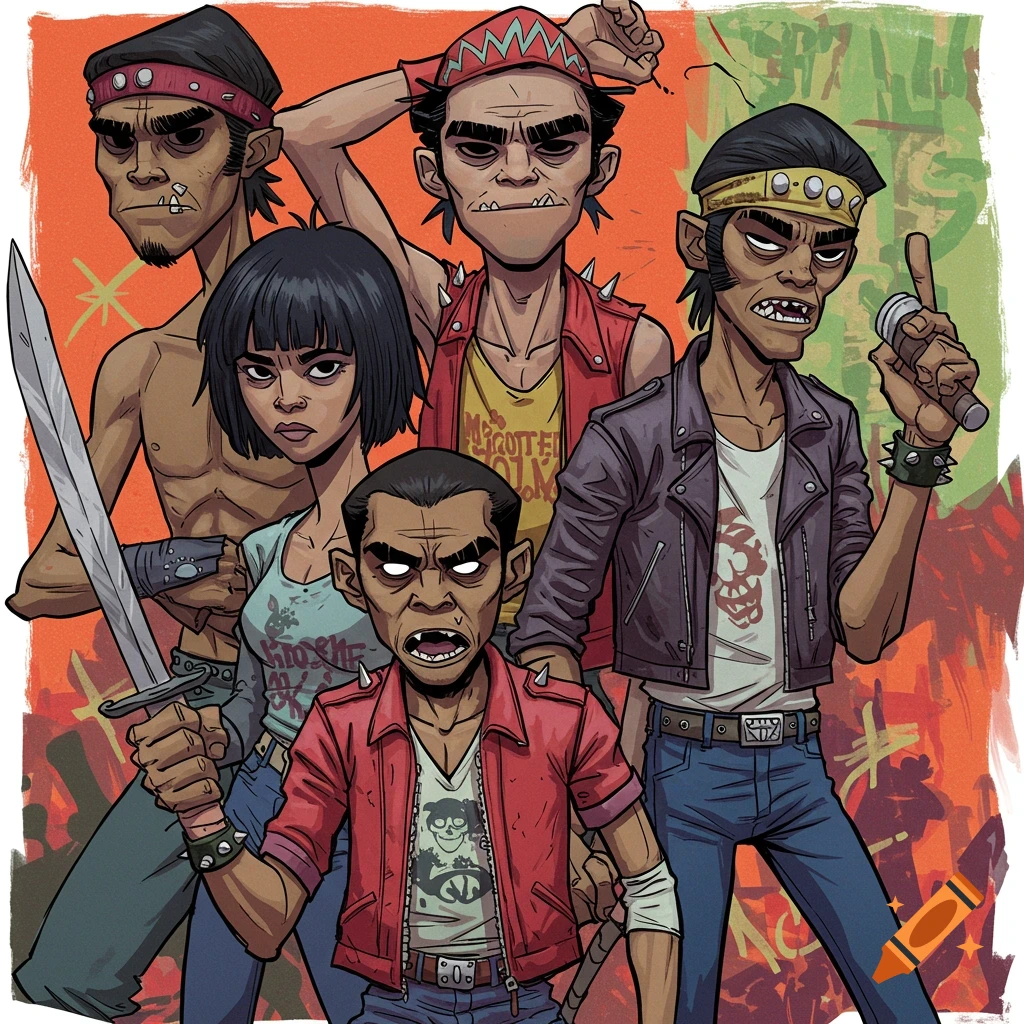 Four stylized cartoon characters in an urban setting with graffiti, in ...