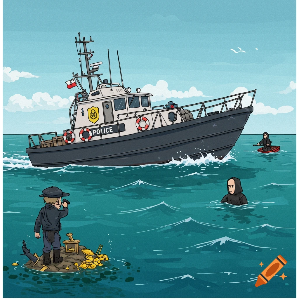 Drawing of a police boat searching for a sunken thieves' boat with ...