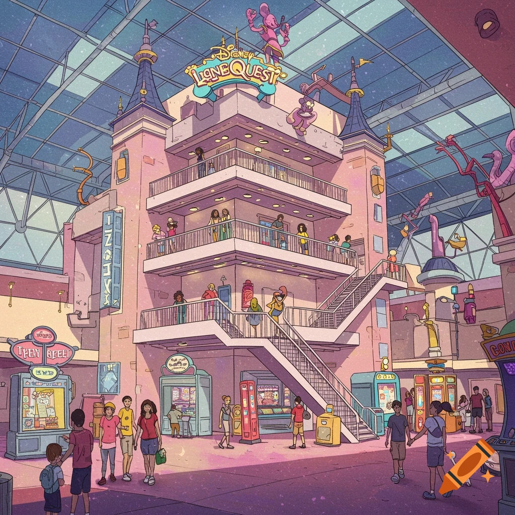 Vibrant cartoon of a bustling multi-level indoor theme park or arcade ...