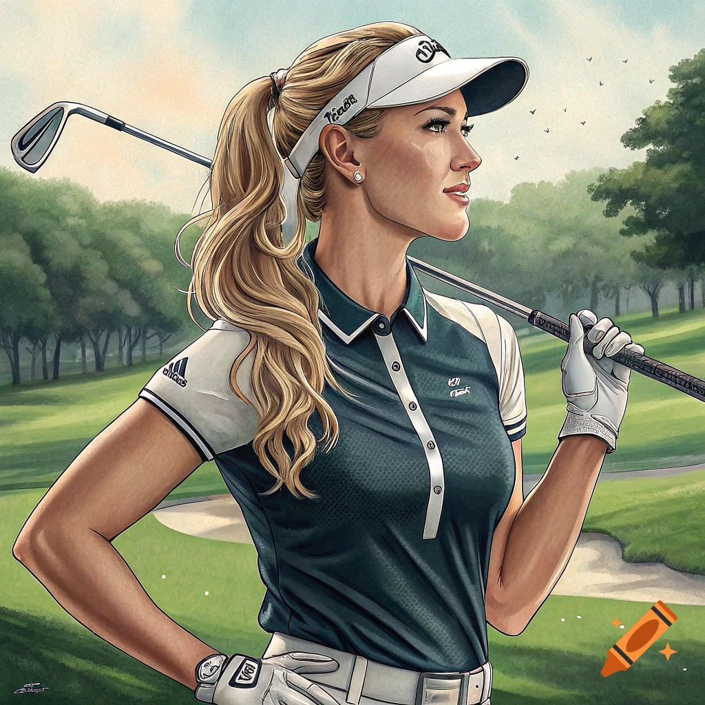 Illustration of a blonde woman golfer holding a club over her shoulder ...
