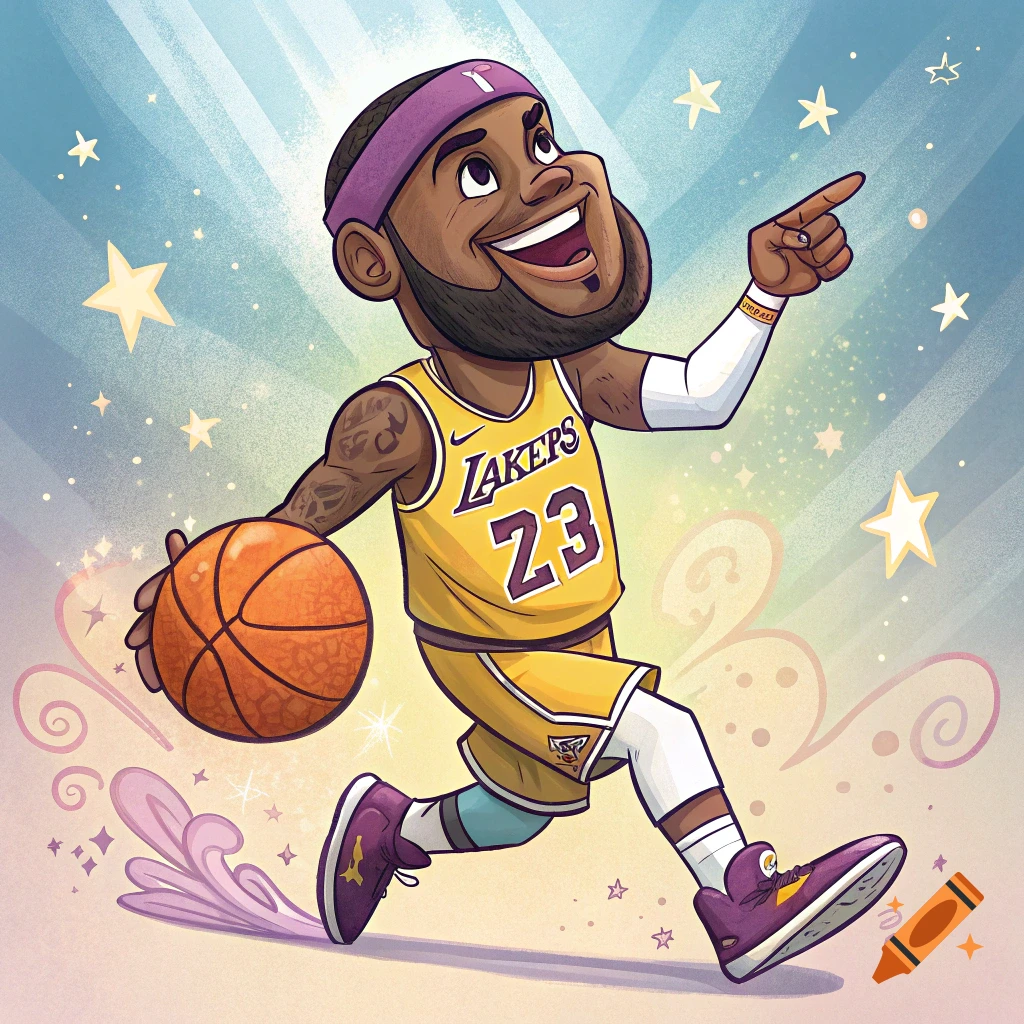 Cartoon illustration of a child with wings reaching up to LeBron James ...