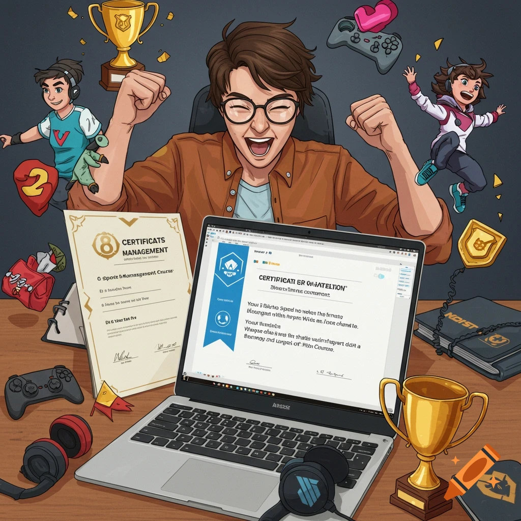 A young man celebrates completing an online course, surrounded by ...