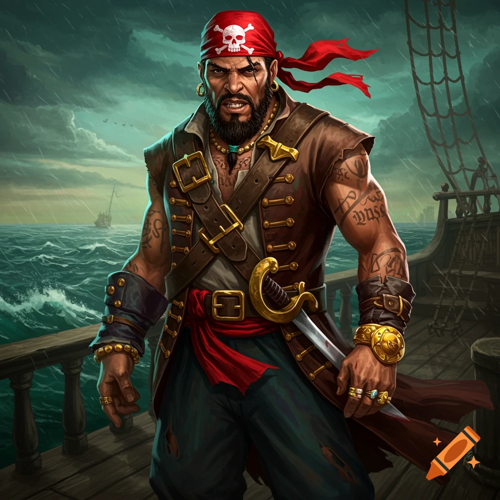 A stern pirate with tattoos stands on a ship deck during a storm. on ...