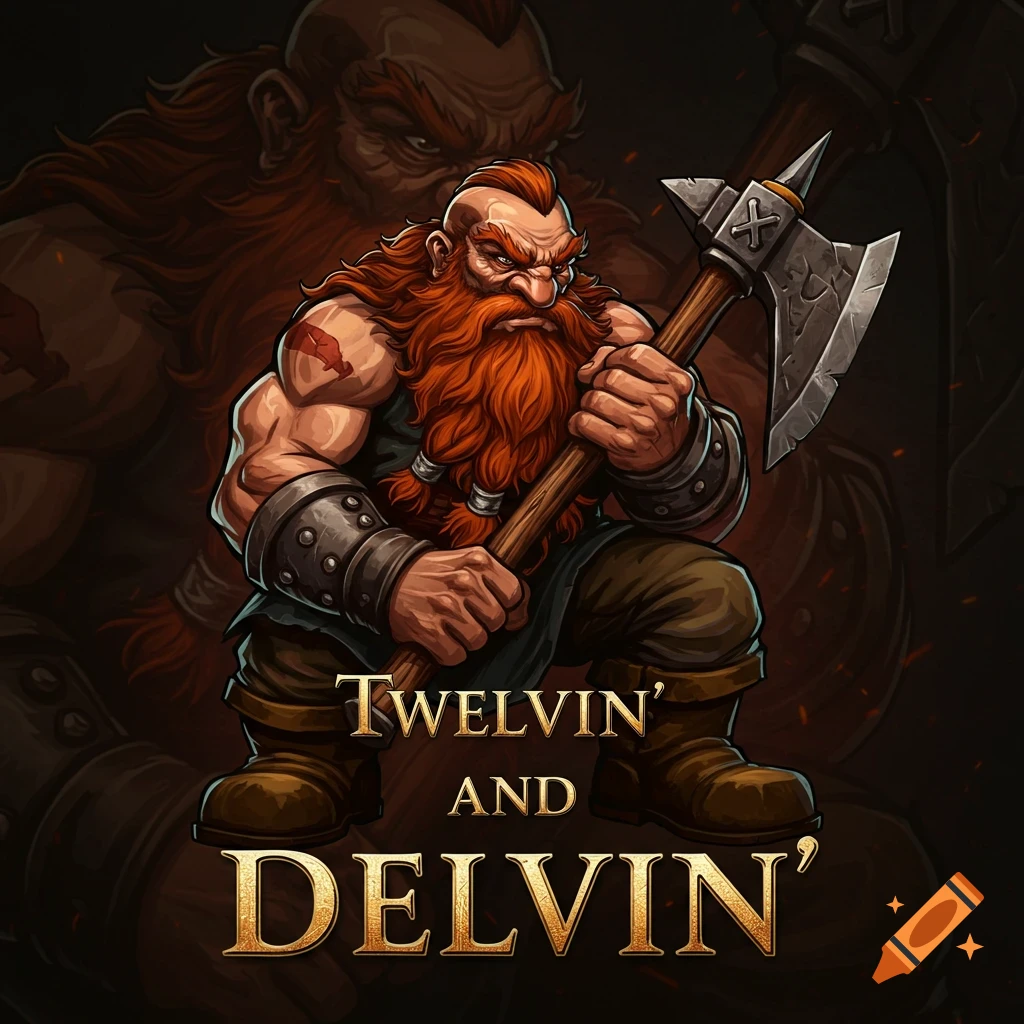 Twelvin' and Delvin' logo with an angry dwarf on Craiyon