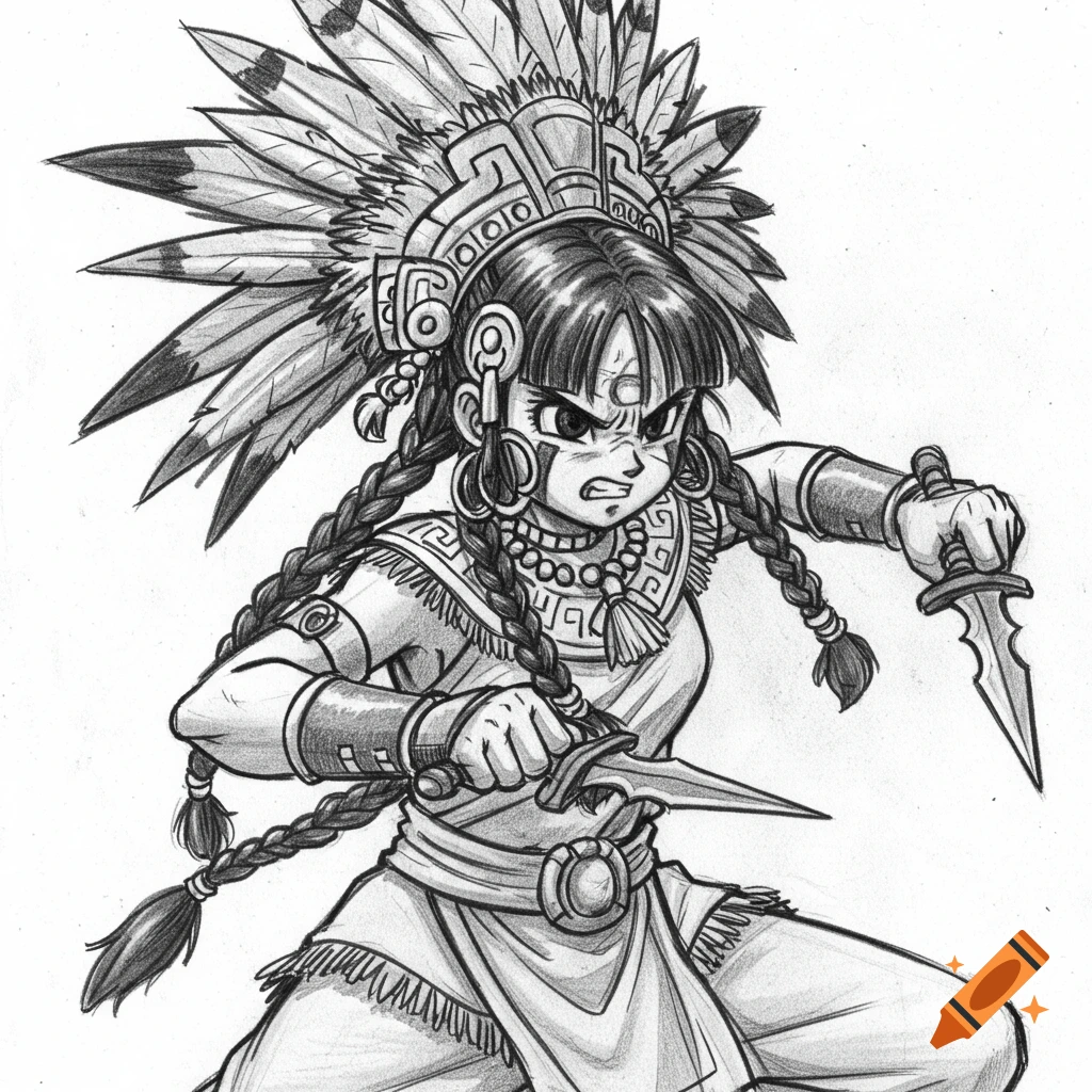 Black and white pencil sketch of a young Aztec woman in fighting pose ...