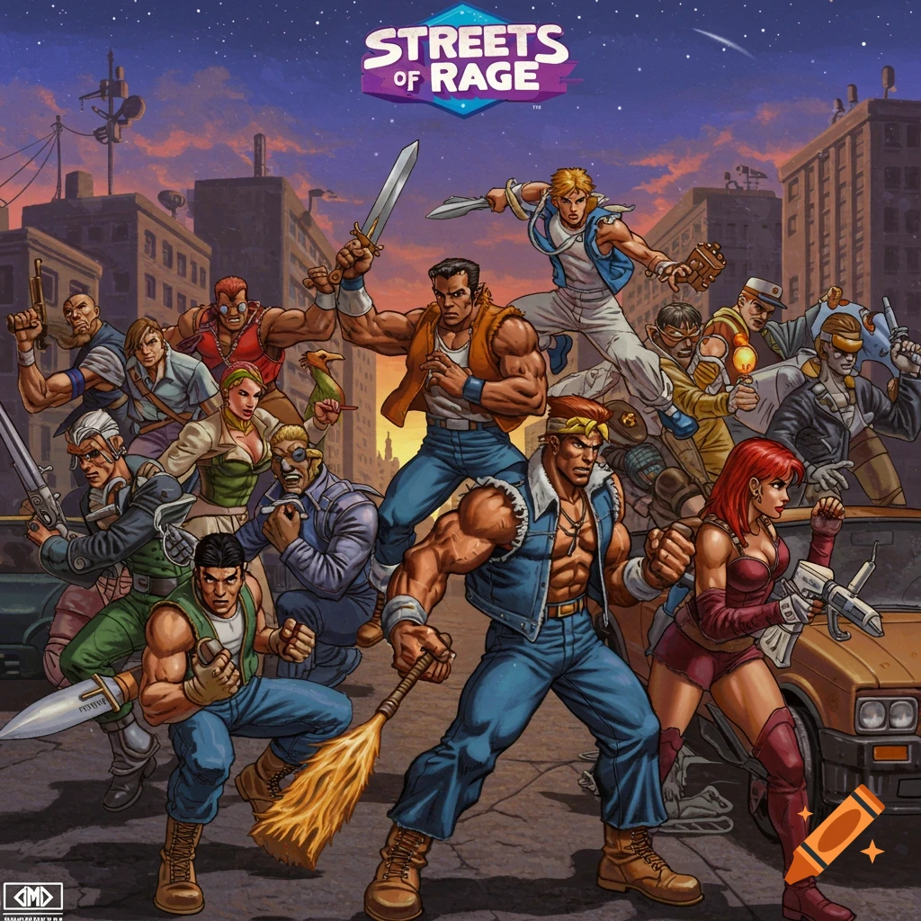 Retro game characters in Streets of Rage style on Craiyon