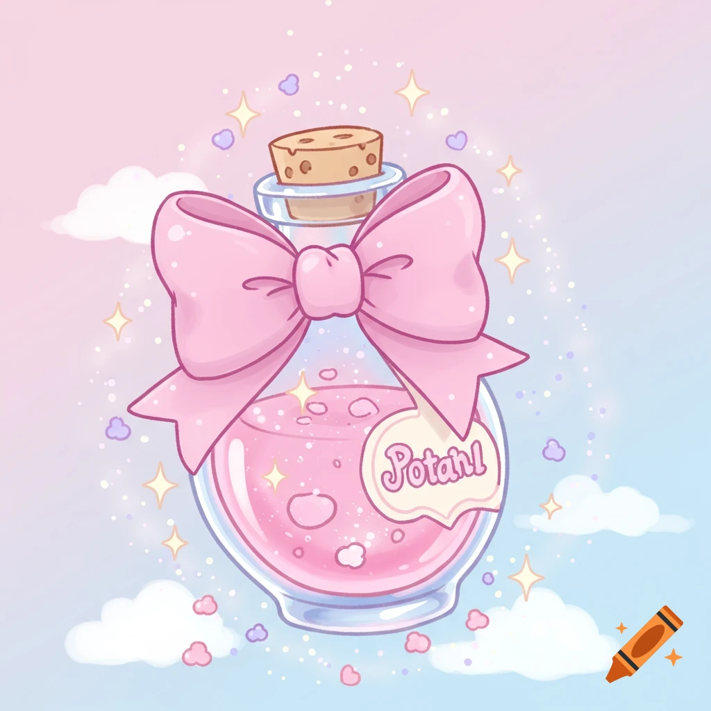 Pastel pink potion with bow and sparkles (cartoon art) on Craiyon