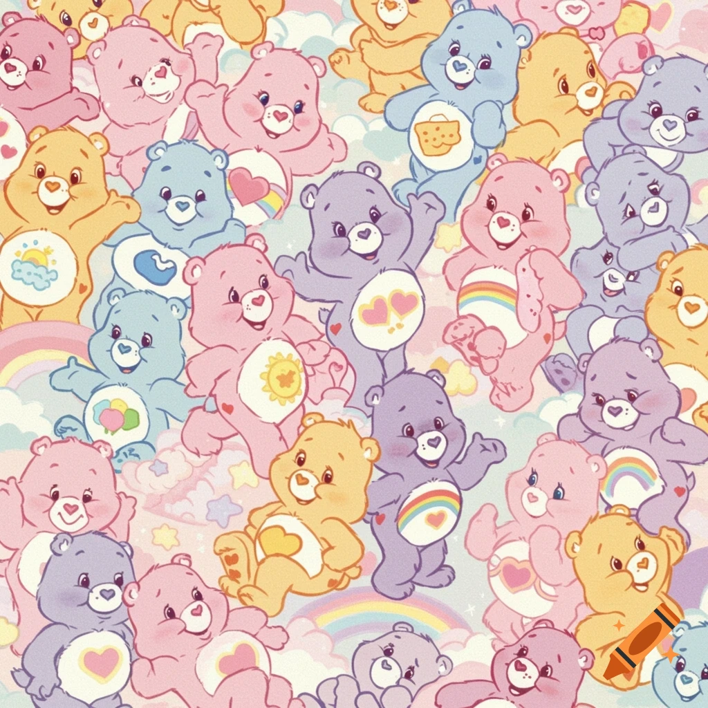 A dense pattern of colorful cartoon Care Bears on a cloudy background ...