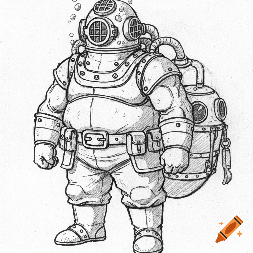 A black and white pencil sketch of a stout man in an old-fashioned ...