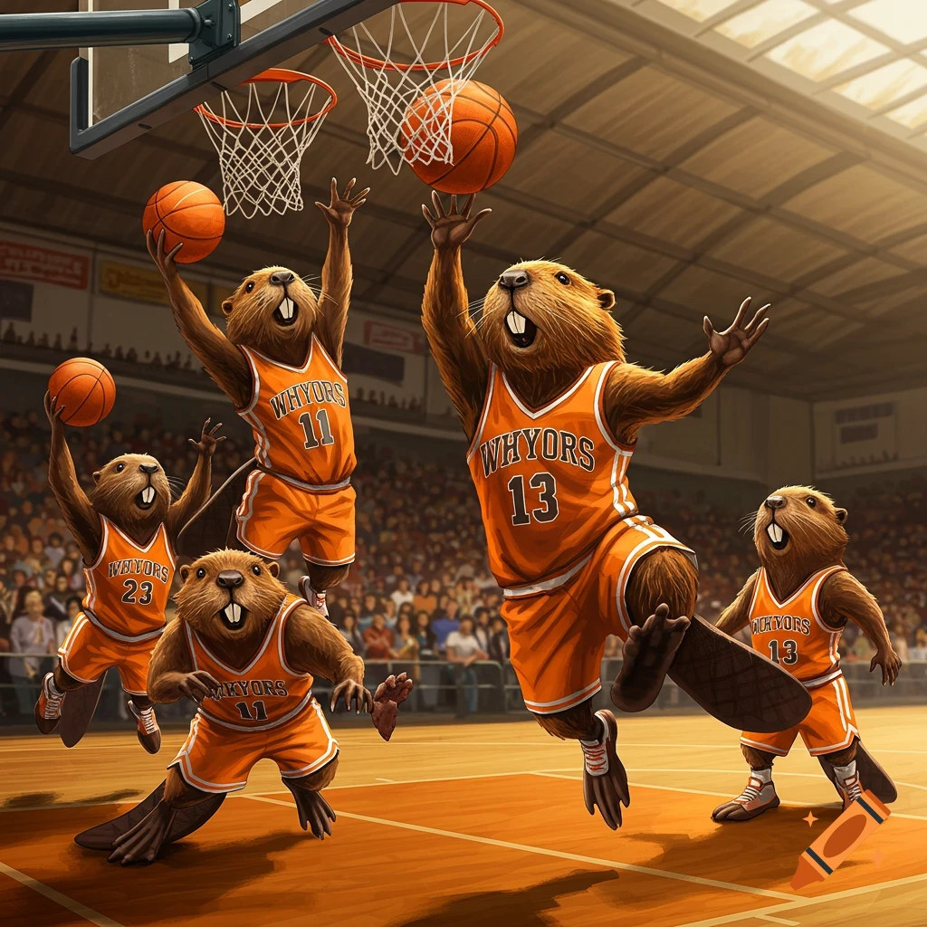 Athletic beavers dunking basketball on Craiyon