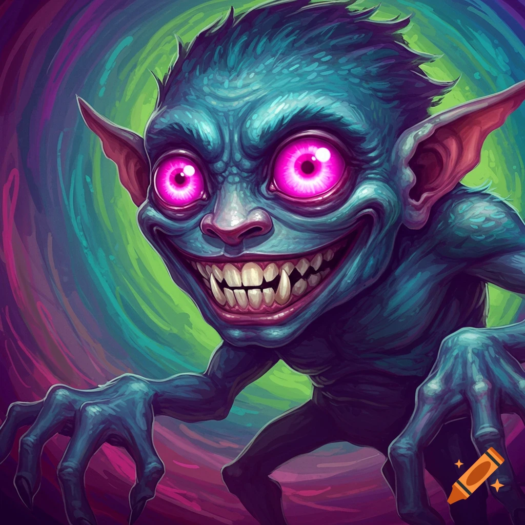 Monster with pink eyes, goofy but scary character design on Craiyon